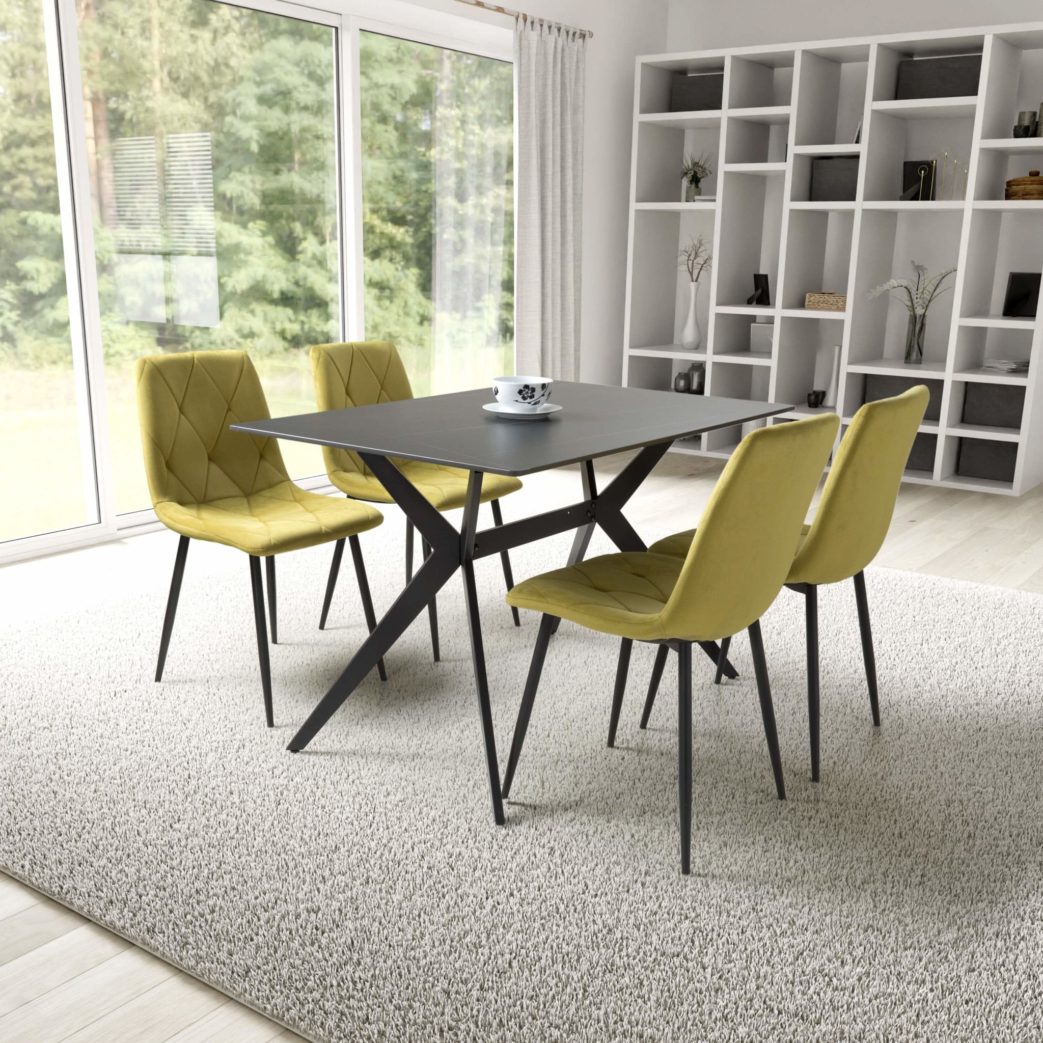 Islington 1.2m Black Dining Table with 4 Yellow Luca Chairs