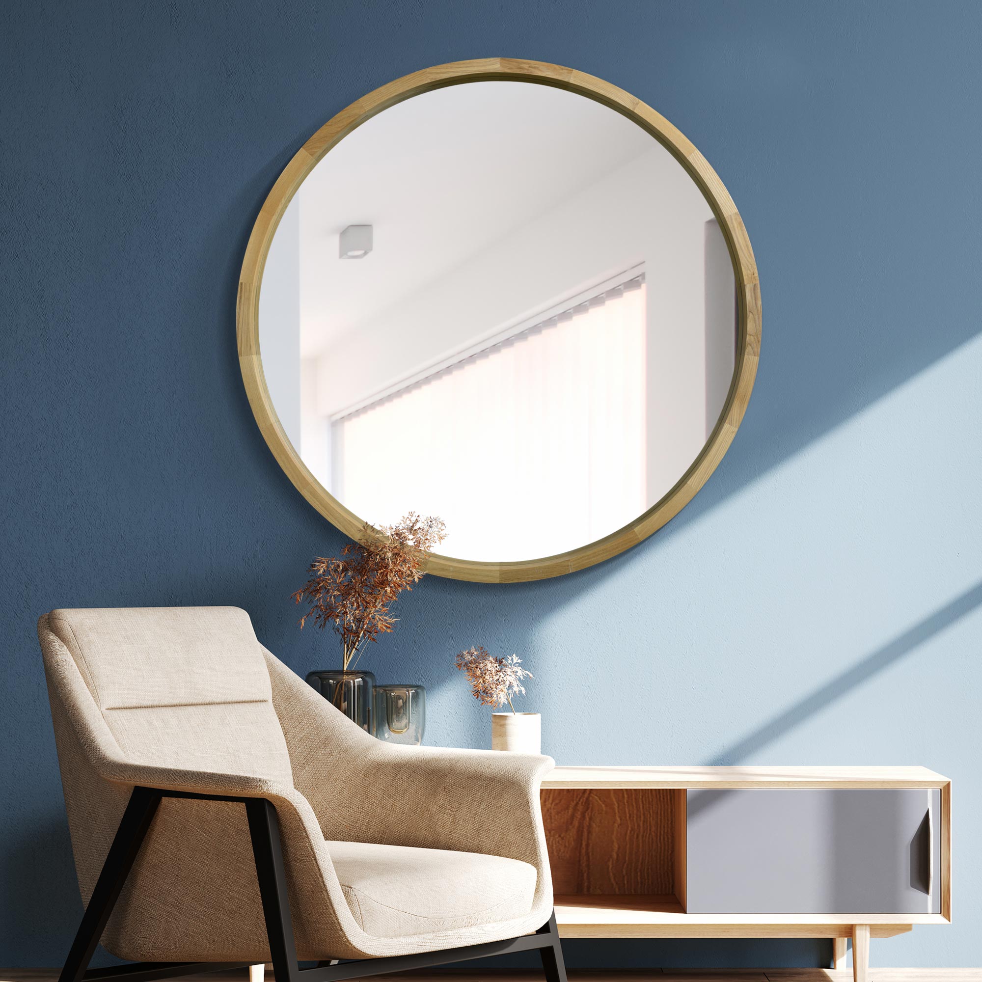 The Tobias - Solid Oak Round Deep Dish Framed Mirror 39" X 39" (100CM