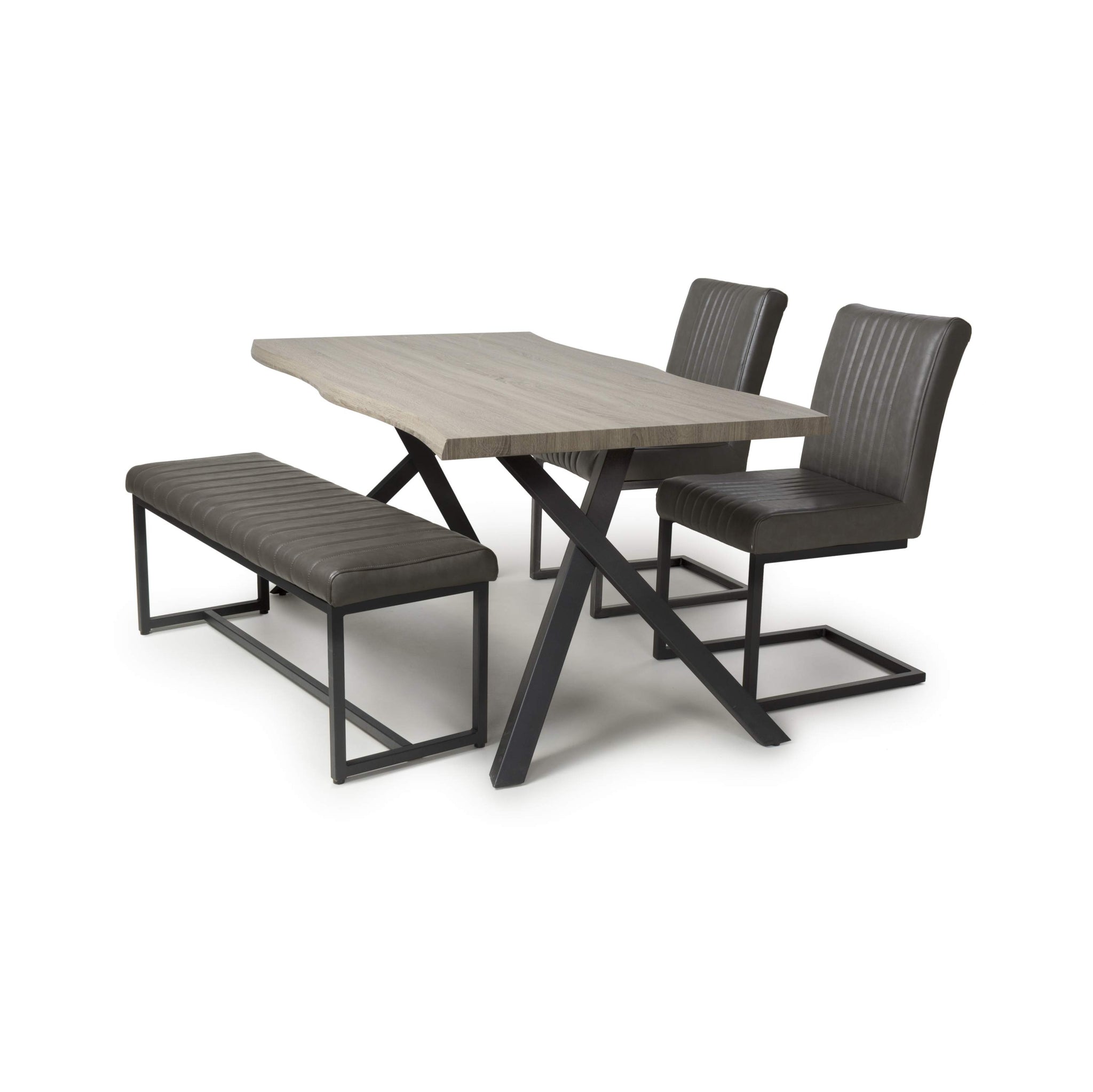 Vienna Natural Curved Dining Table with 2 Grey Buxton Chairs & Buxton Bench